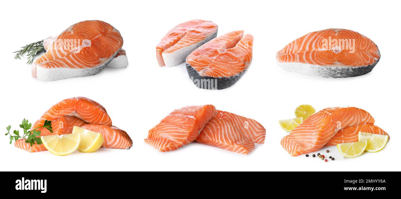 Set of fresh raw salmon on white background. Fish delicacy Stock Photo ...