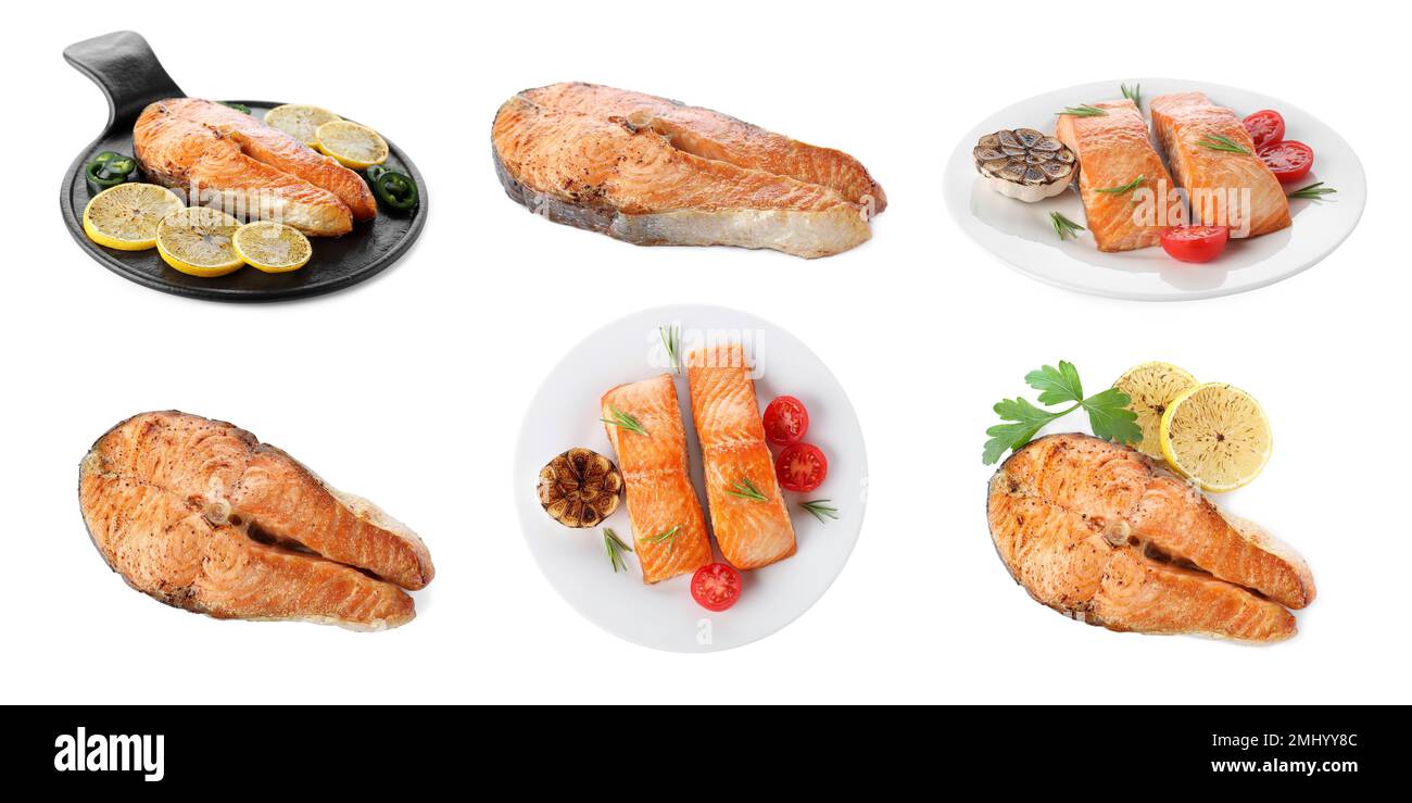 Set of delicious roasted fish on white background Stock Photo - Alamy