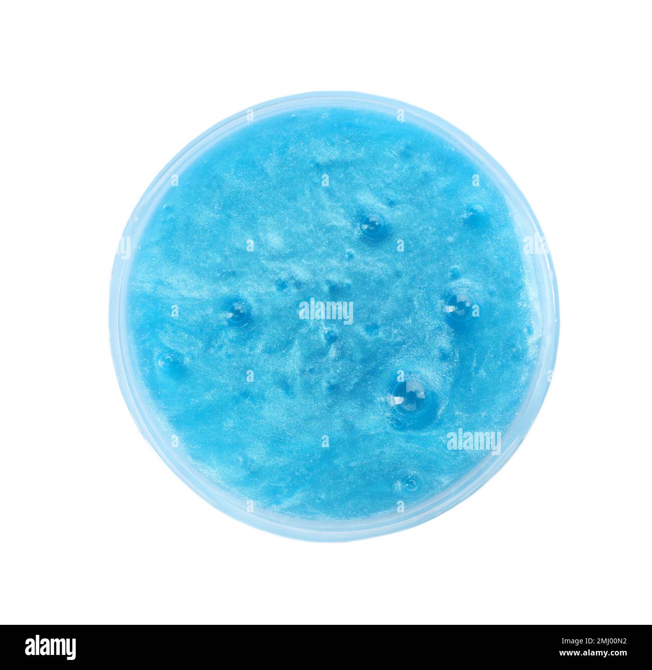 Blue slime in plastic container isolated on white, top view. Antistress ...