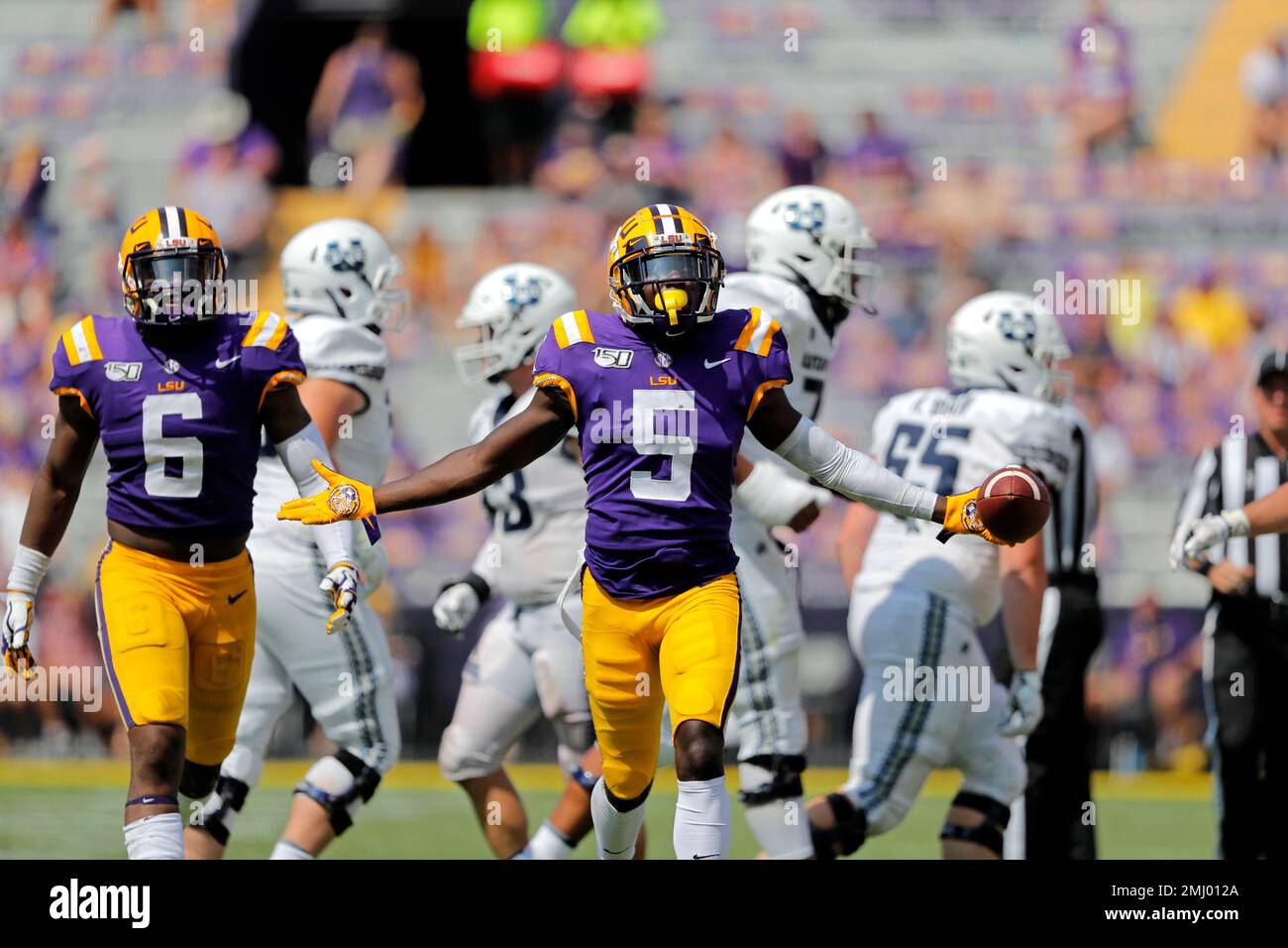 LSU cornerback Kary Vincent Jr. (5) celebrates his interception in the ...