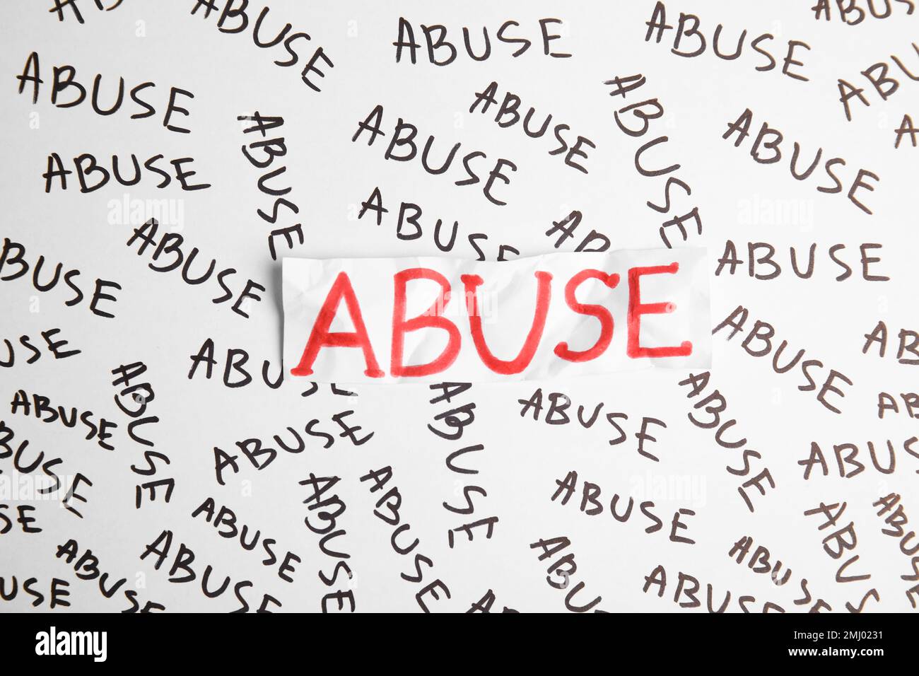 Sheet of paper with words ABUSE, top view. Domestic violence awareness ...