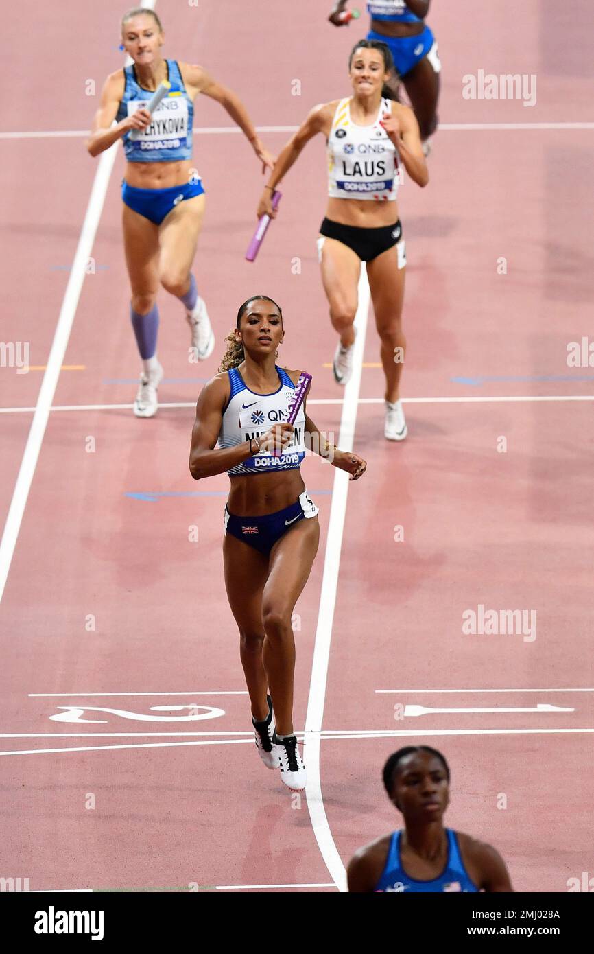 Laviai Nielsen of Great Britain & NI crosses the finish line in second ...