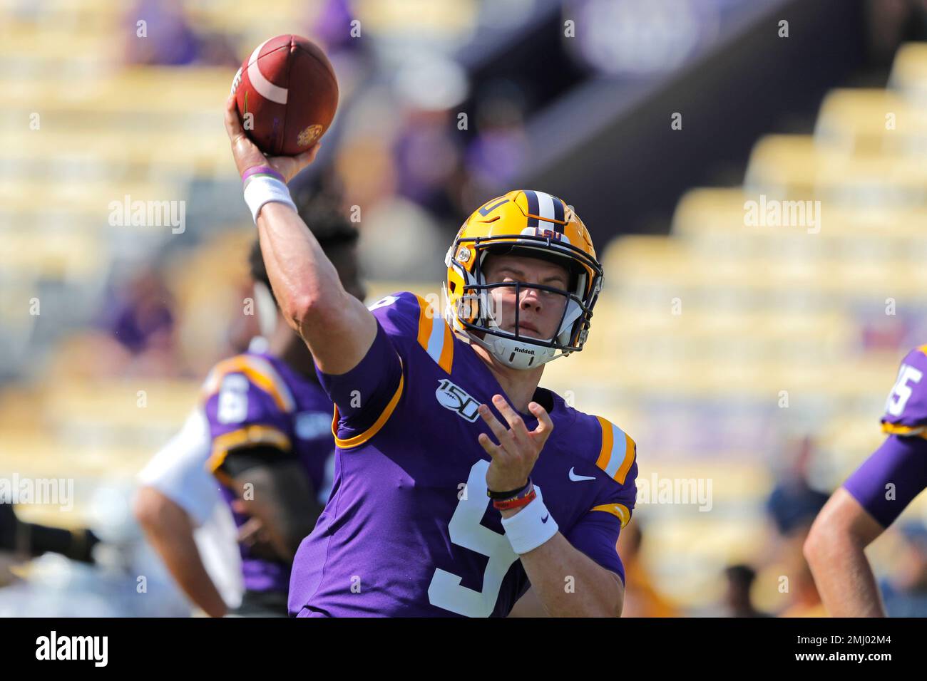 LSU quarterback Joe Burrow (9) warms up before an NCAA college football ...