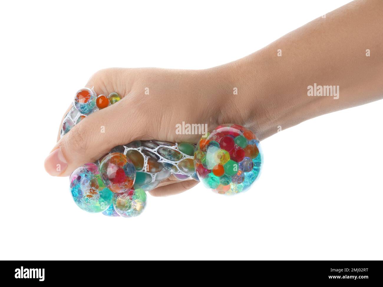 Woman squeezing colorful slime isolated on white, closeup. Antistress ...