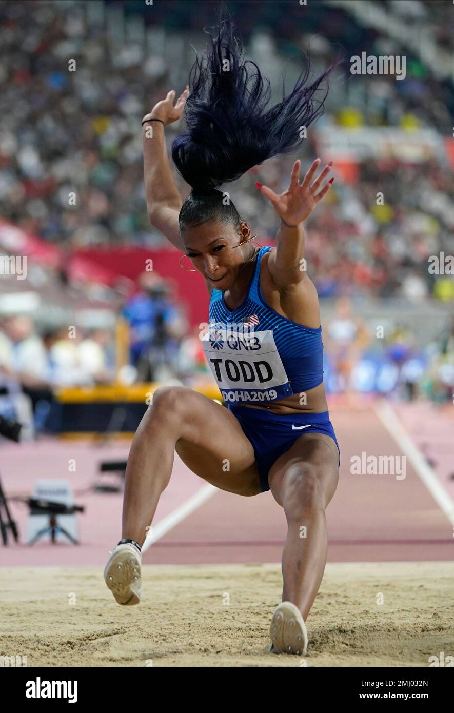 Jasmine Todd, of the United States, competes in the women's long jump ...