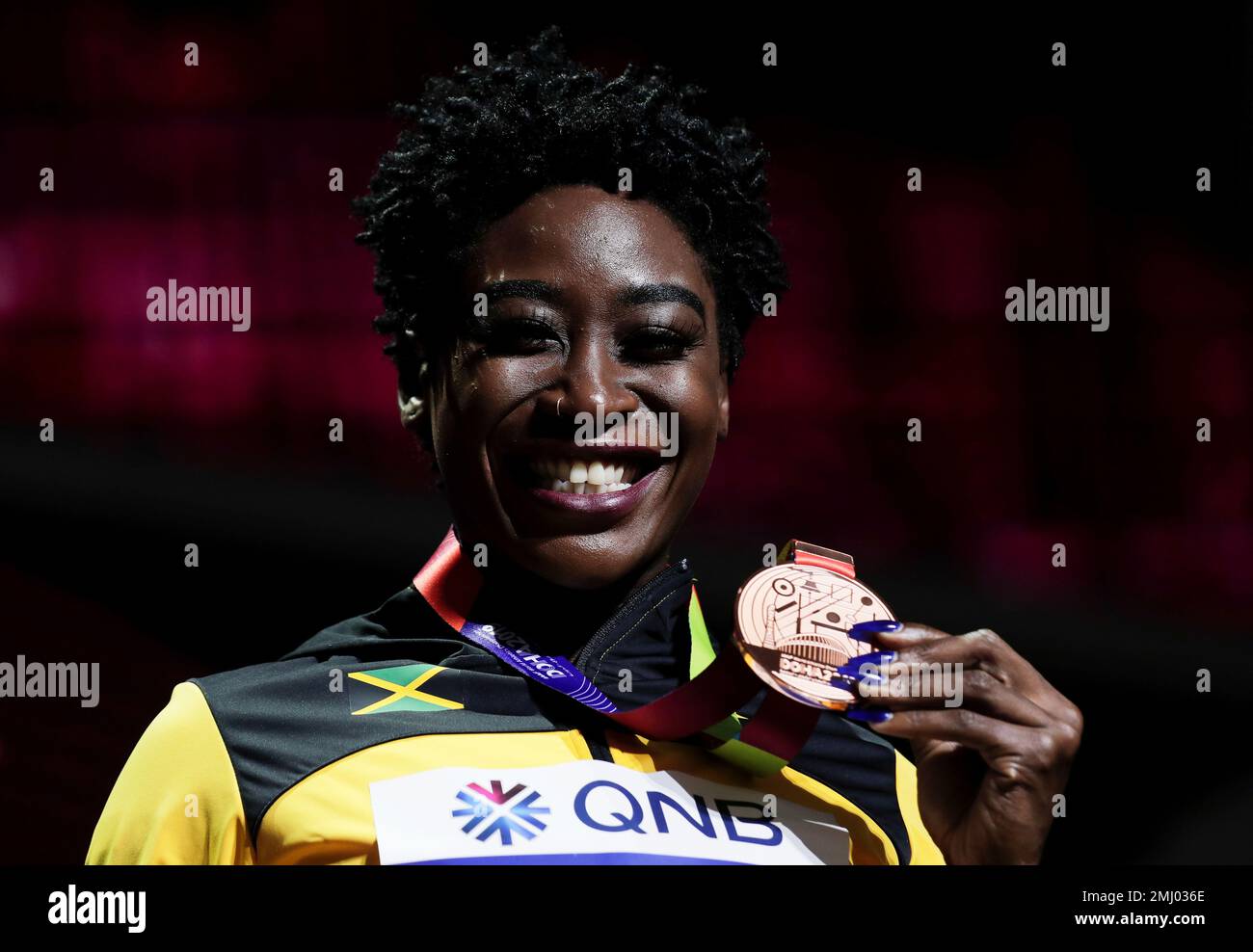 Rushell Clayton of Jamaica, shows her bronze medal during the medal ...