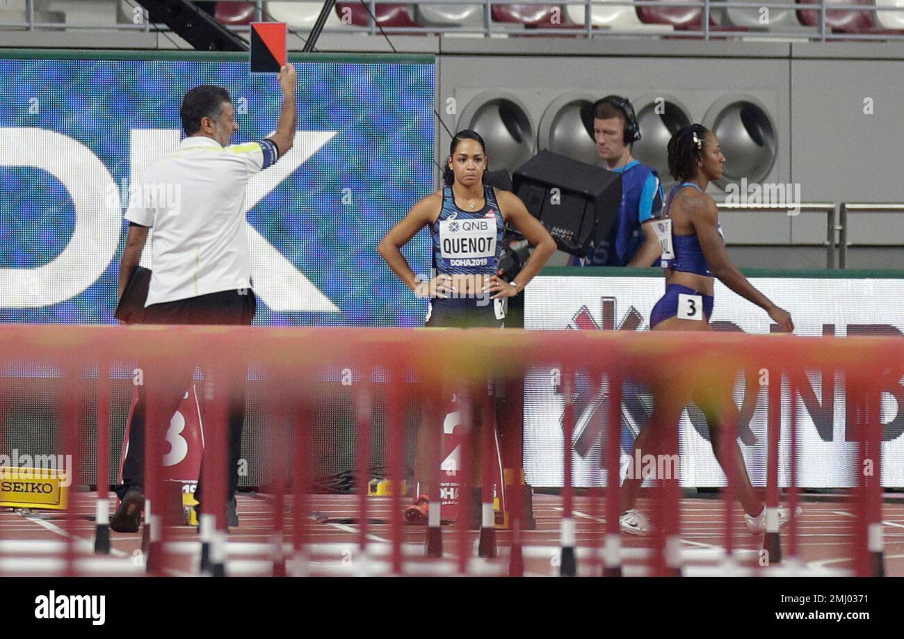 Brianna Mcneal, of the United States, right, walks away after being ...