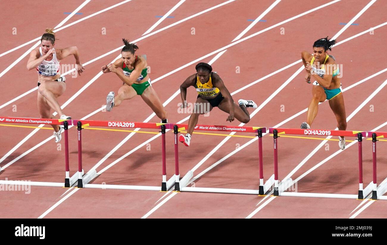 Danielle Williams, of Jamaica, wins her heat in the women's 100 meter ...