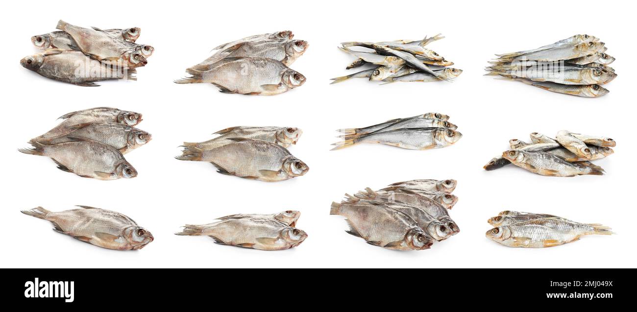 Set of tasty dry fish on white background Stock Photo - Alamy