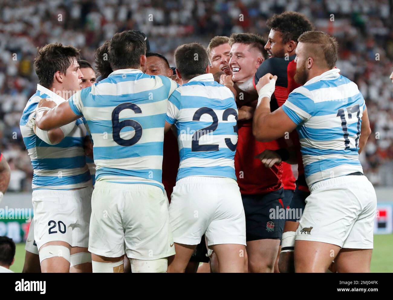 England and Argentina players scuffle during the Rugby World Cup Pool C ...