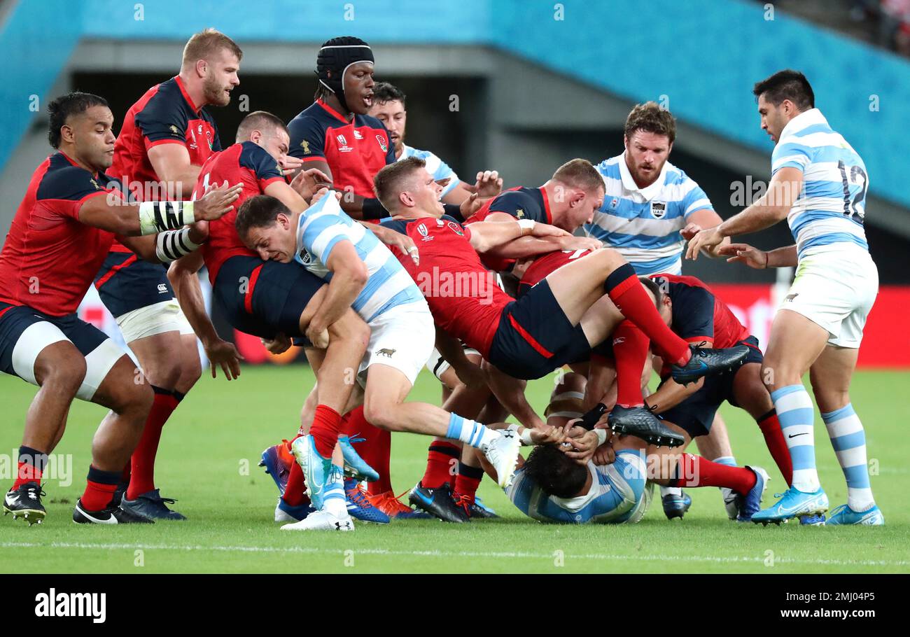 England and Argentina players scuffle during the Rugby World Cup Pool C ...