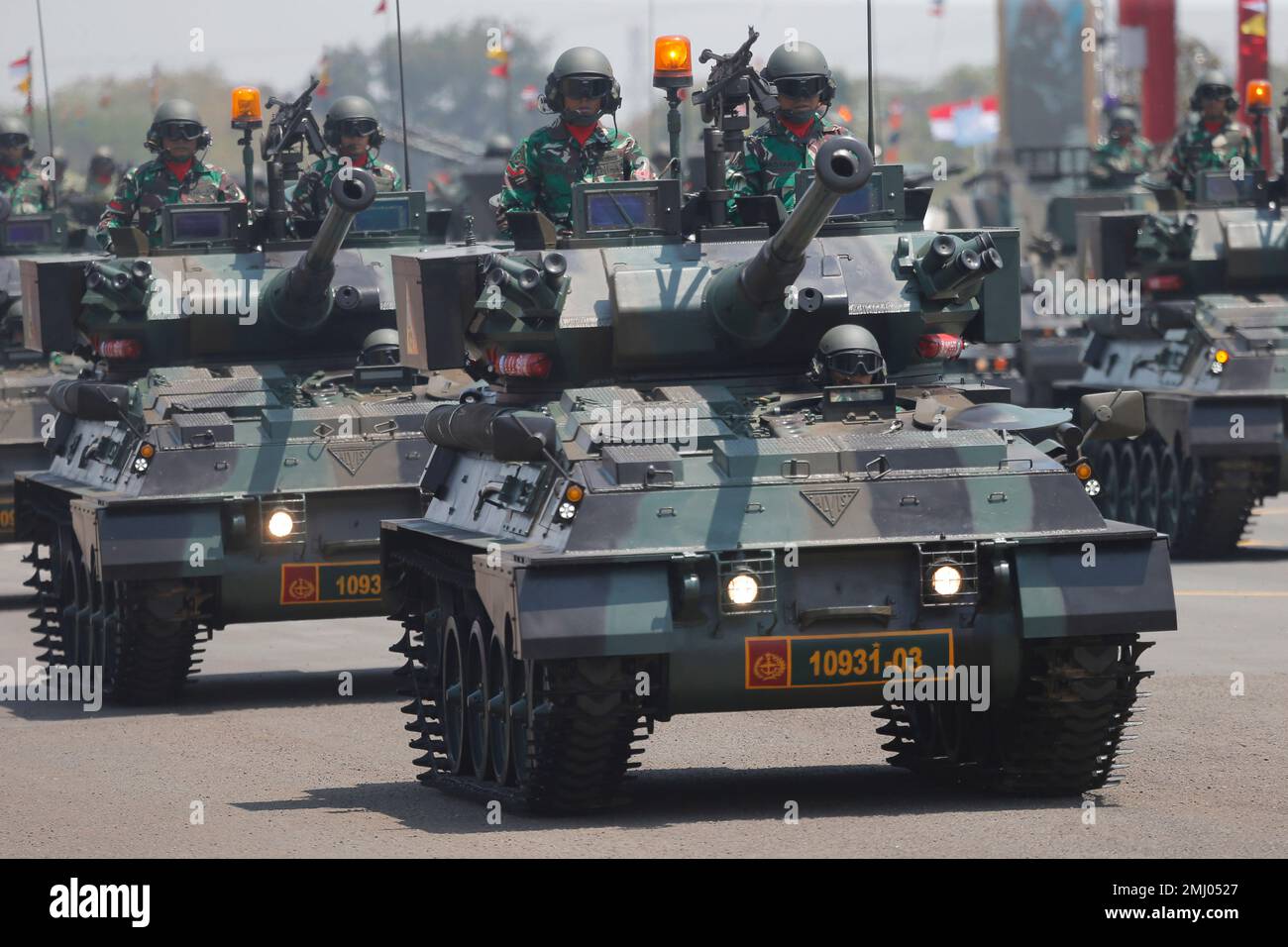 Indonesian soldiers parade on tanks march during a parade marking the ...
