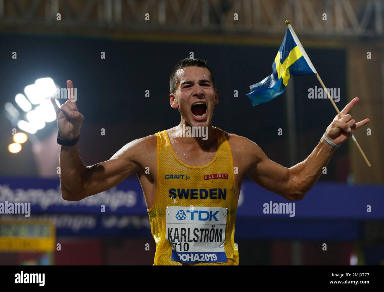 Perseus Karlstrom, of Sweden celebrates after placing third in the men ...