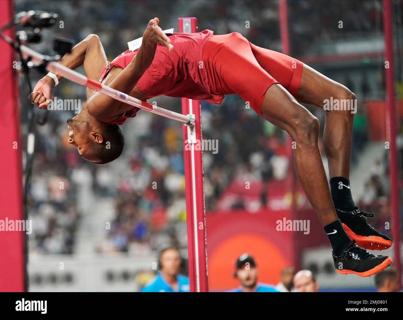 Gold medalist Mutaz Essa Barshim, of Qatar, competes in the men's high ...