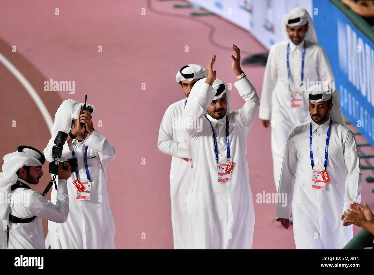 Sheikh Joaan bin Hamad bin Khalifa Al Thani, center, of Qatar, applauds ...