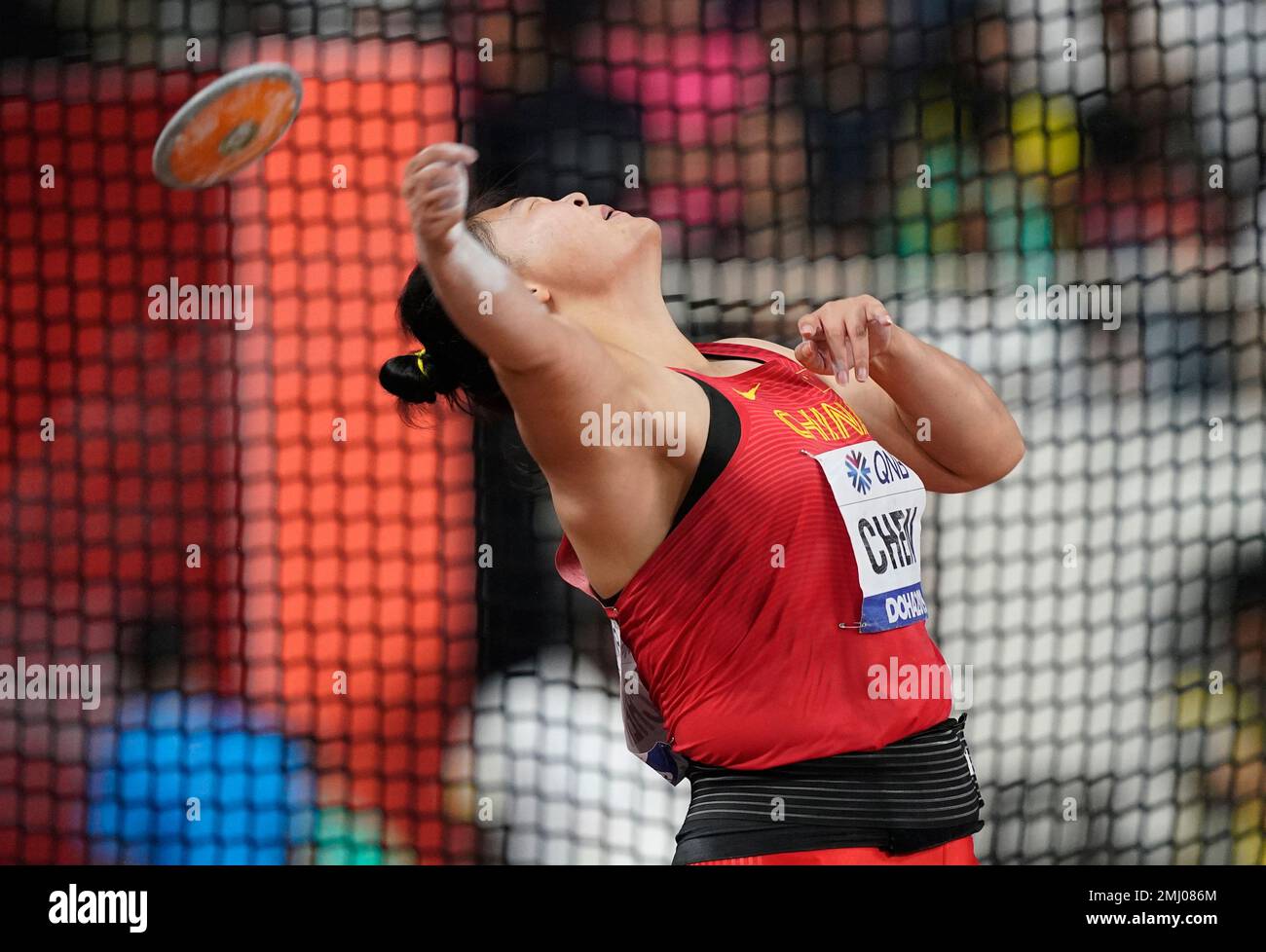 Yang Chen, of China, competes in the women's discus throw final at the ...