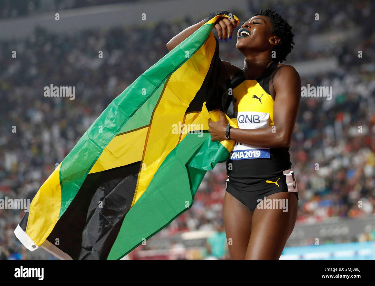 Rushell Clayton of Jamaica the bronze medal winner celebrates after the ...