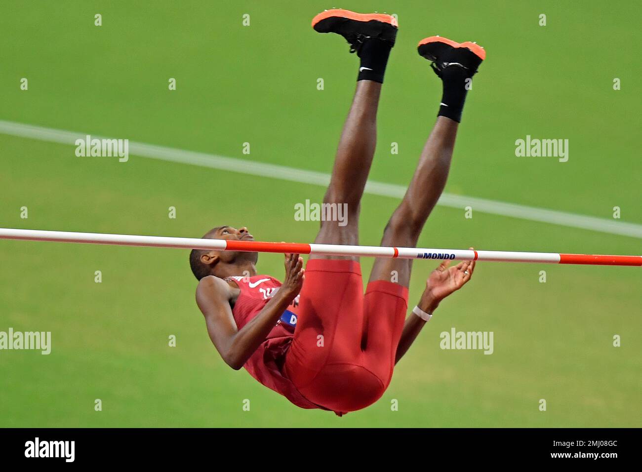 Mutaz Essa Barshim, of Qatar, competes in the men's high jump final at ...