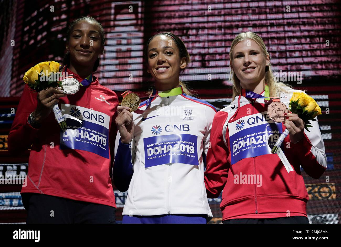 Katarina Johnson-Thompson of Great Britain, center, Nafissatou Thiam of ...