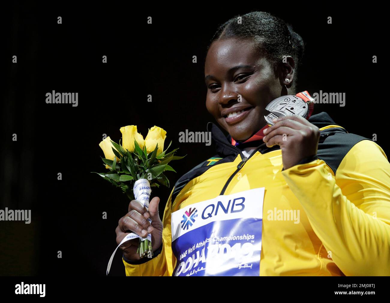 Danniel Thomas-Dodd of Jamaica, poses with her silver medal during the ...