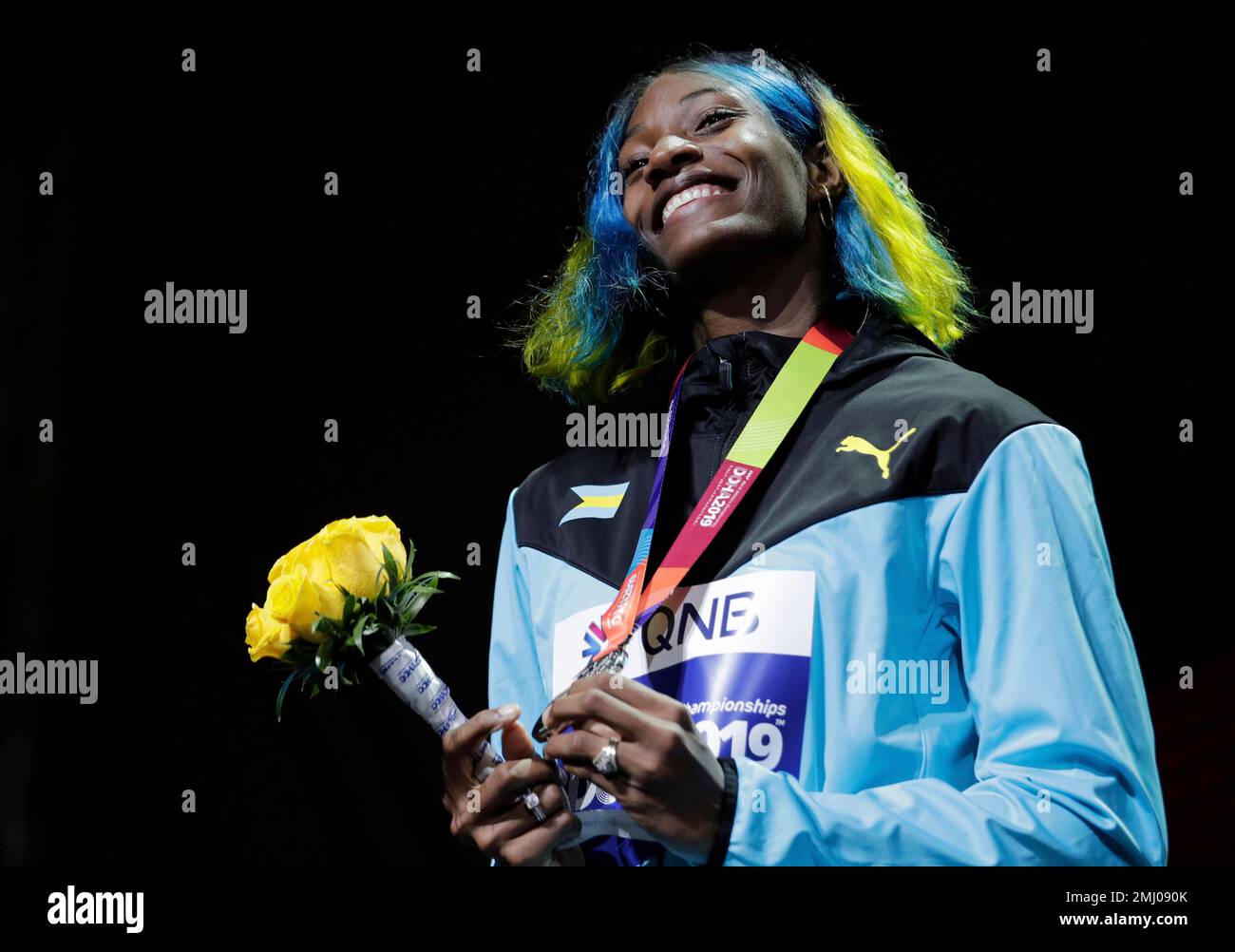 Shaunae Miller-Uibo of Bahamas, silver, smiles during the medal ...