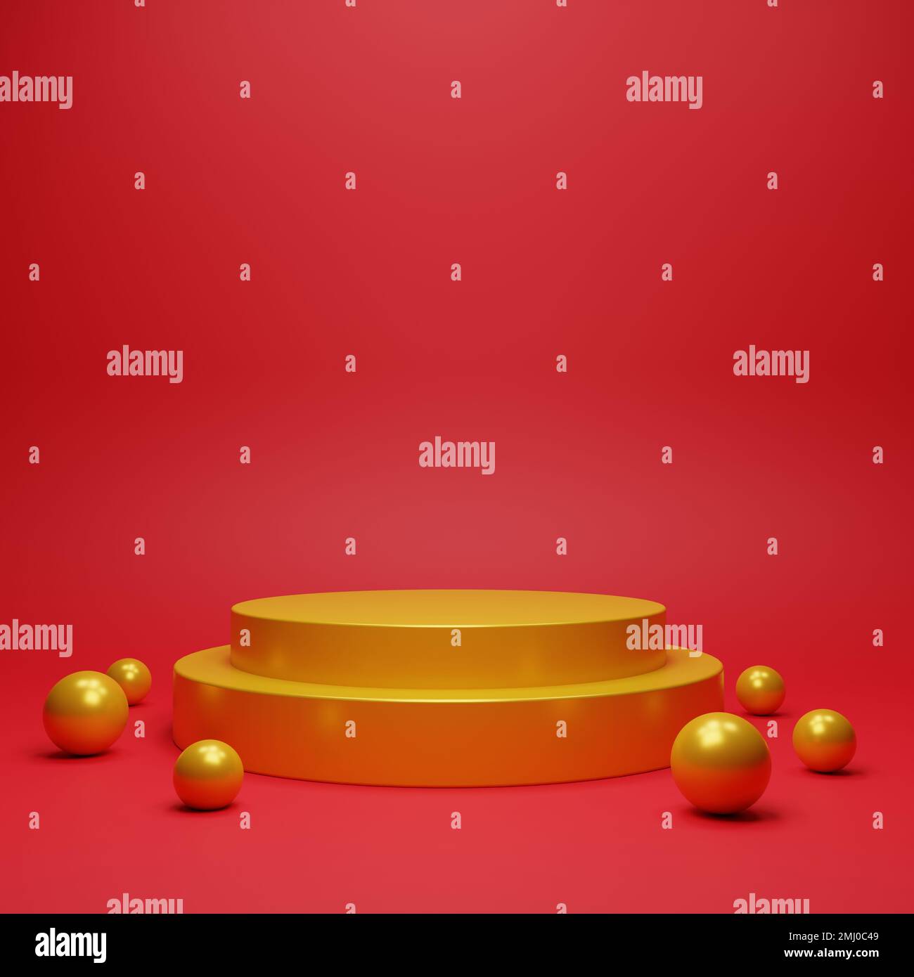 3d golden product podium in red background with golden balls. 3d ...