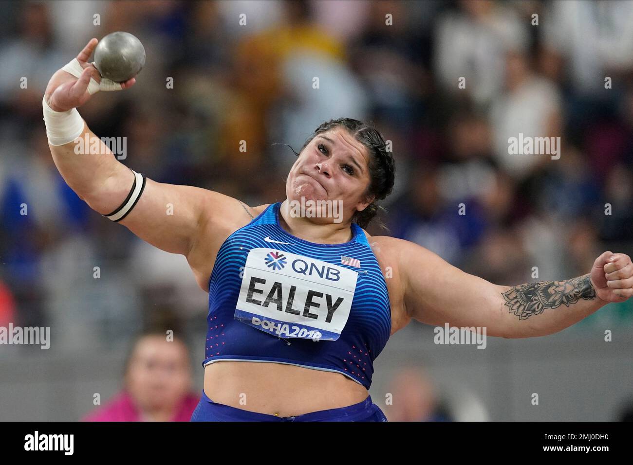 Chase Ealey, of the United States, competes in the women's shot put ...