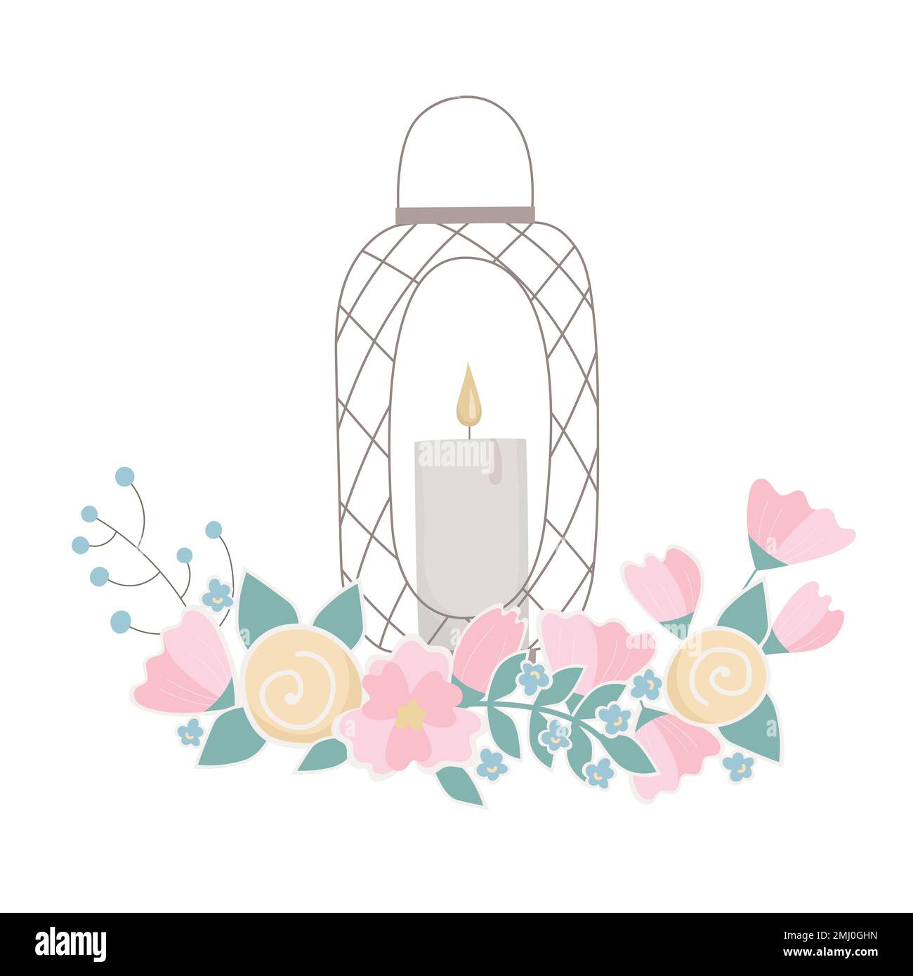 Cute lantern with pink flowers, berries. Hand drawn vector illustration ...