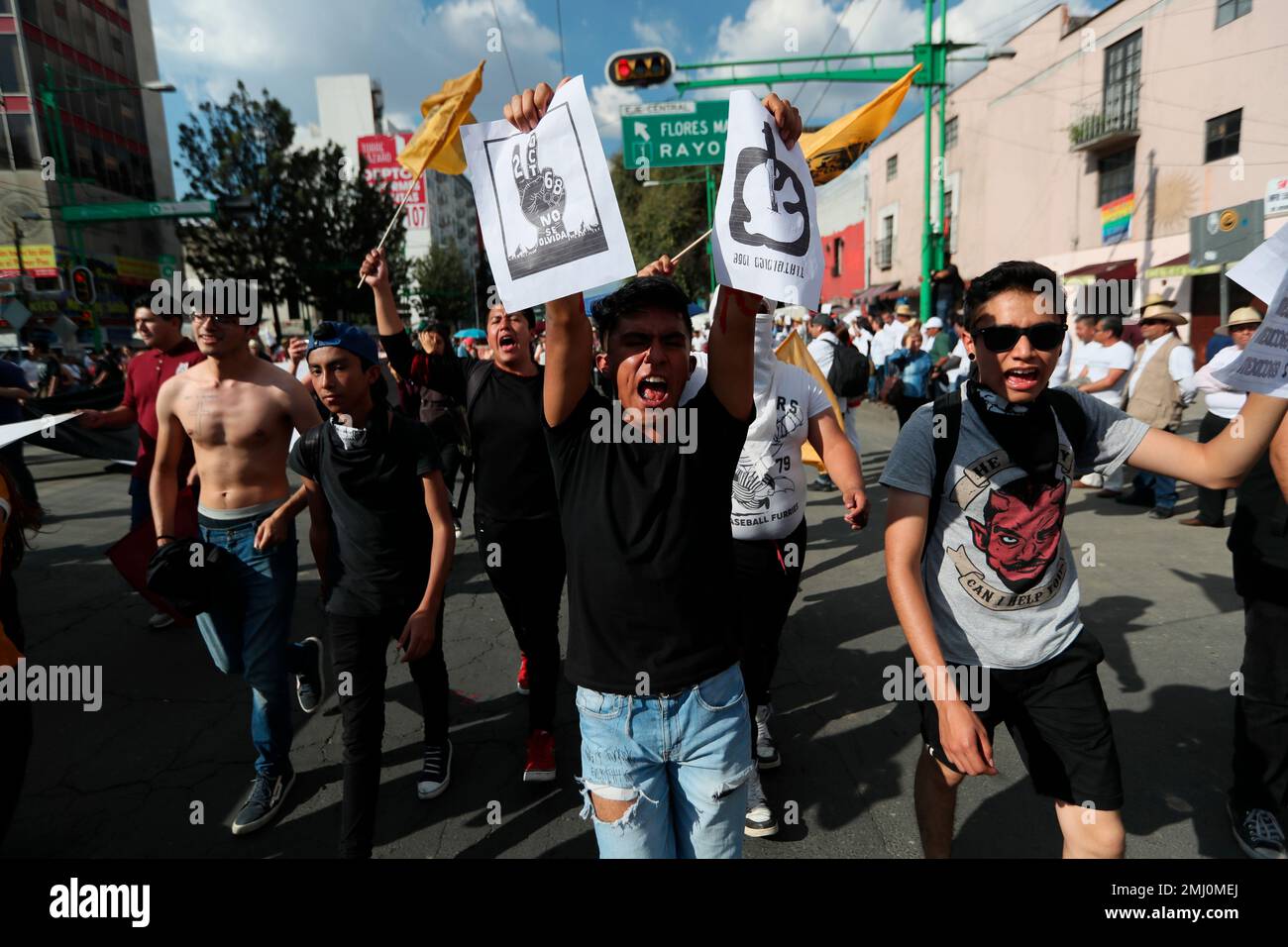 Demonstrators march in remembrance of the Tlatelolco student massacre ...