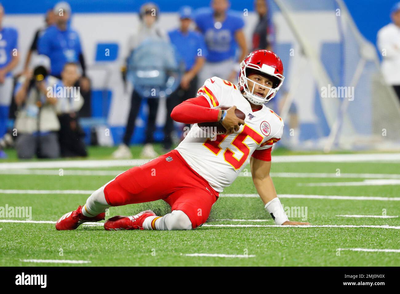 Kansas City Chiefs quarterback Patrick Mahomes (15) slides while ...