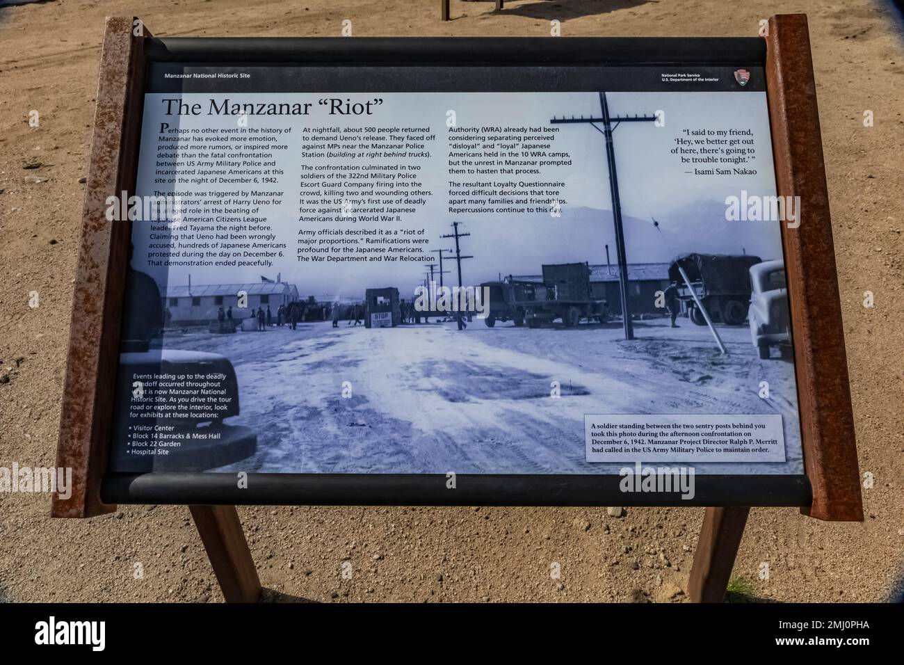 Interpretive sign describing the riot at Manzanar National Historic ...