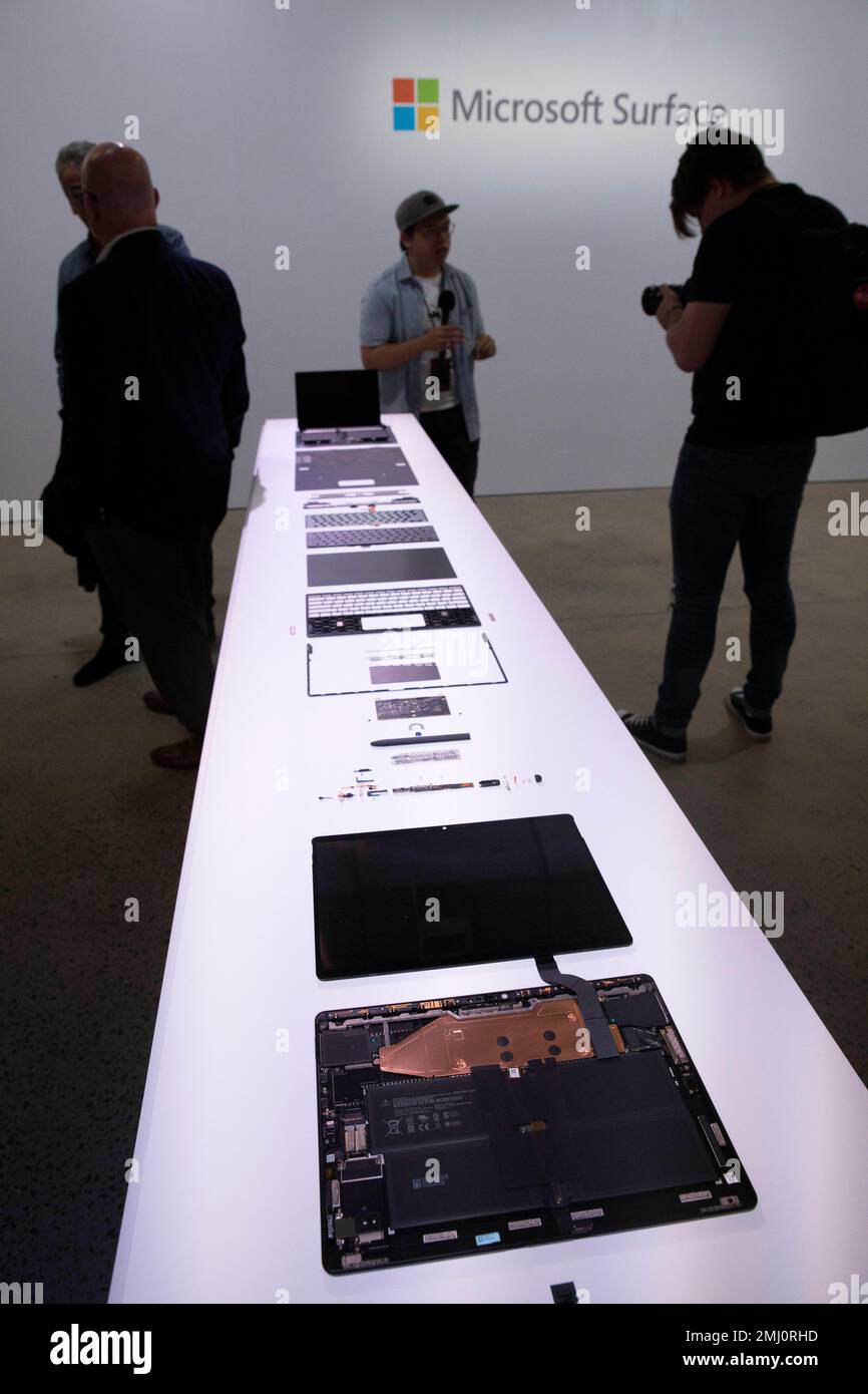 An exploded view of the Microsoft Surface Pro X is displayed, Wednesday ...