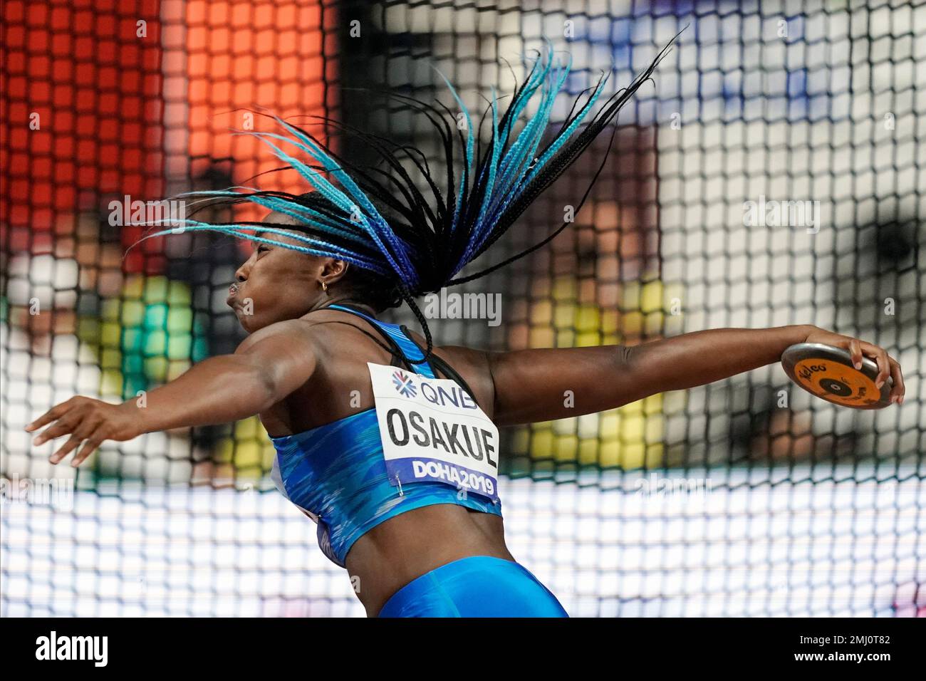 Daisy Osakue, of Italy, competes in the women's discus throw ...