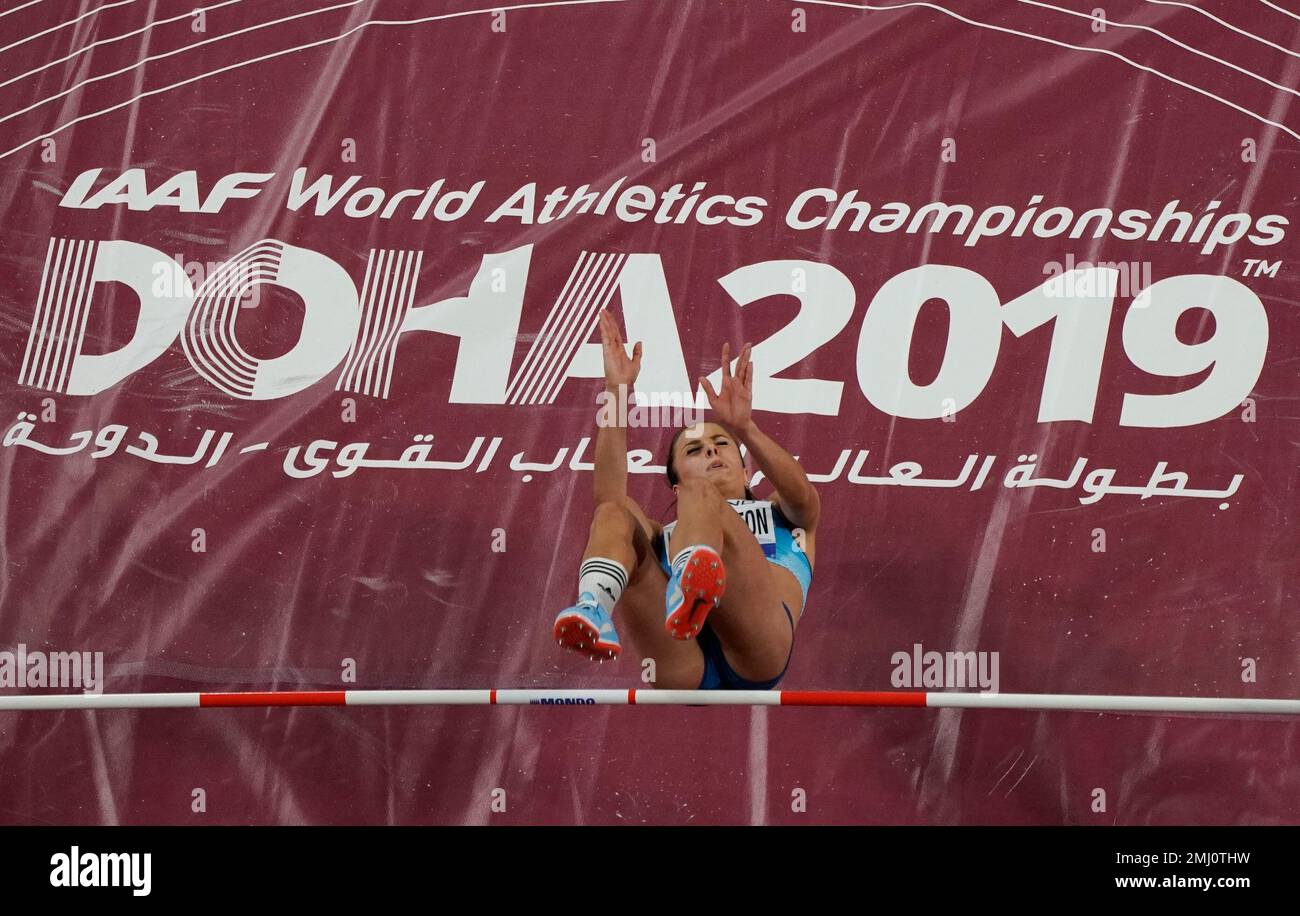 Maria Huntington, of Finland, can't clear the bar during the high jump ...