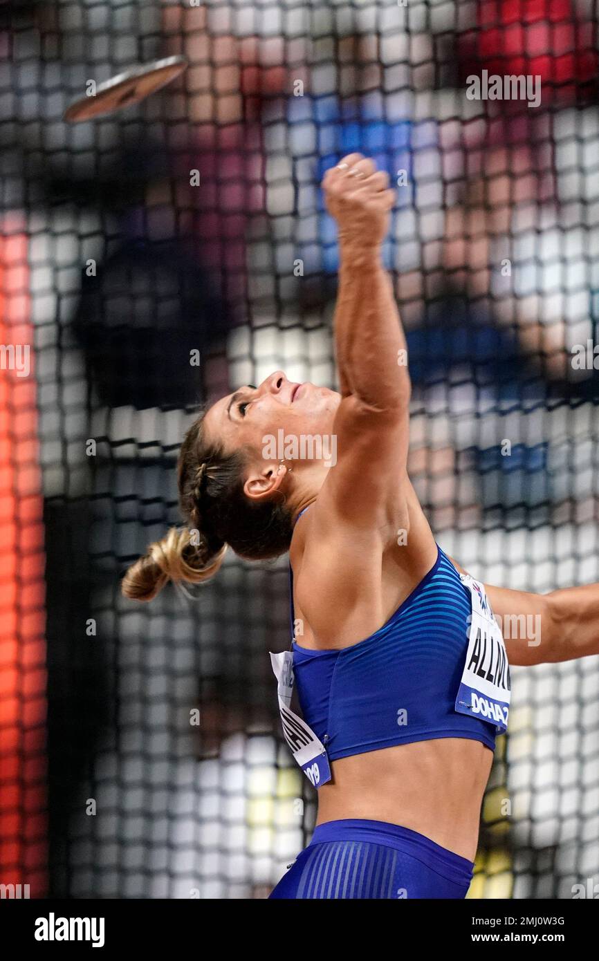 Valarie Allman, of the United States, competes in the women's discus ...