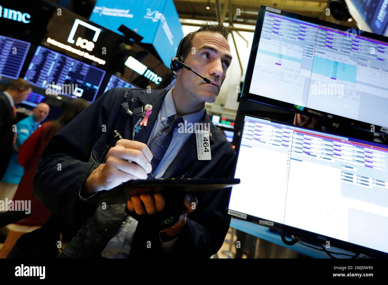 Trader Gregory Rowe works on the floor of the New York Stock Exchange, Wednesday, Oct. 2, 2019 ...