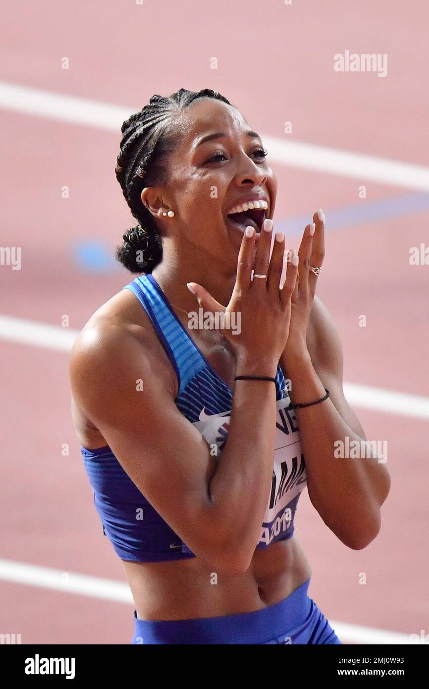 Kendell Williams, of the United States, celebrates after competing in ...