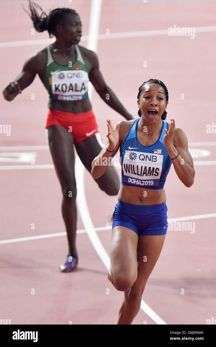 Kendell Williams, of the United States, celebrates after competing in ...