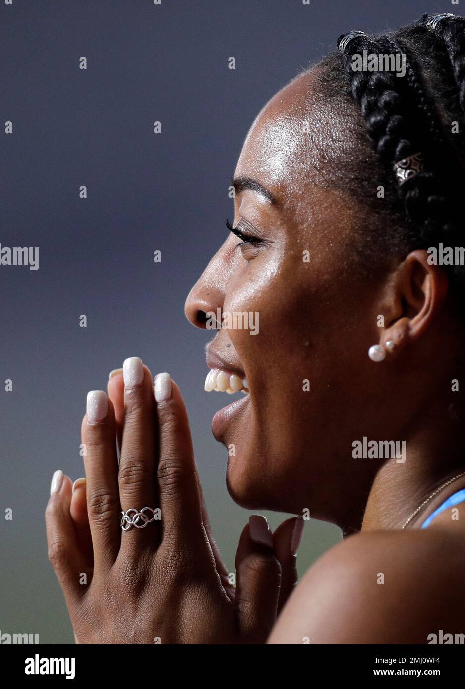 Kendell Williams of the United States reacts after competing in the the ...