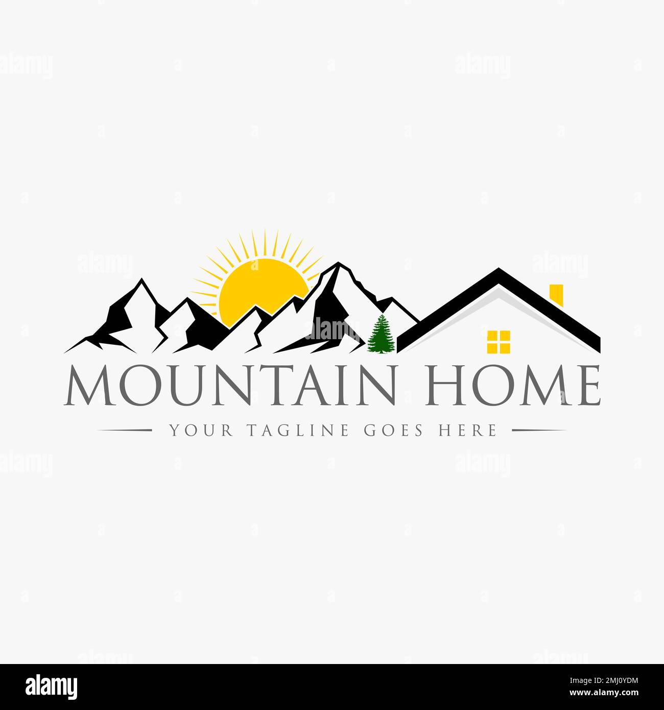 Simple and unique line mountain with roof house also tree image graphic icon logo design ...