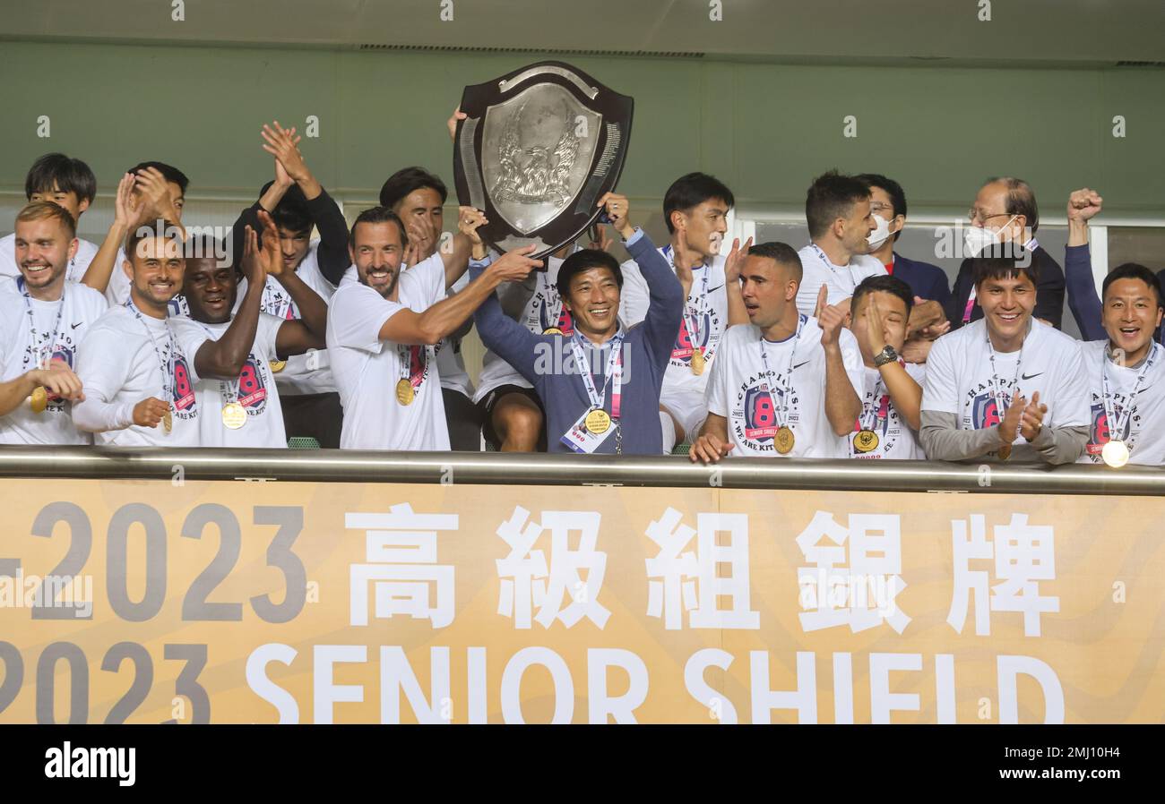 Kitchee players celebrate after winning the 2022-23 HKFA Senior Shield ...