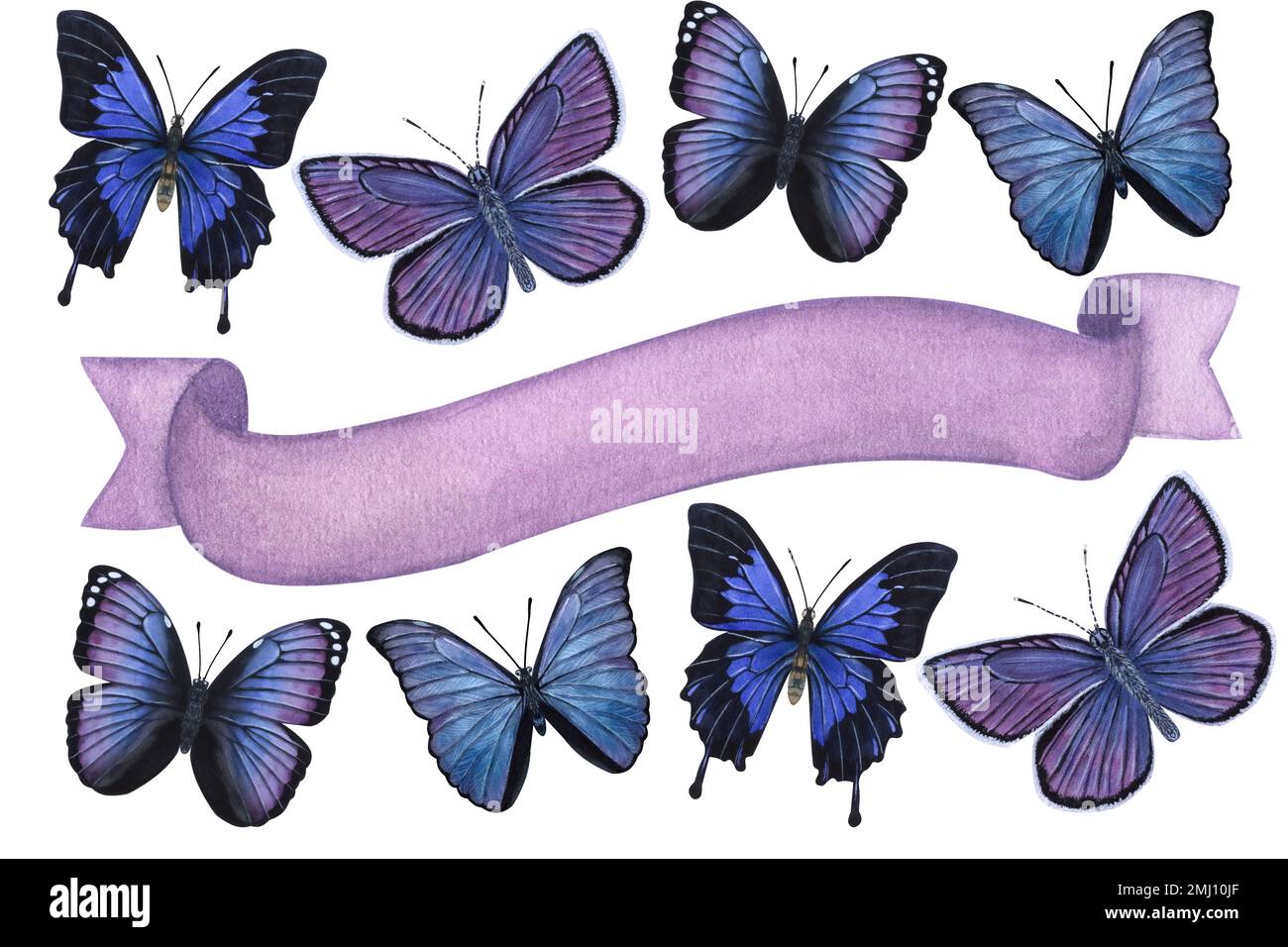 Blue violet butterflies with tape. Hand-drawn watercolor illustration ...