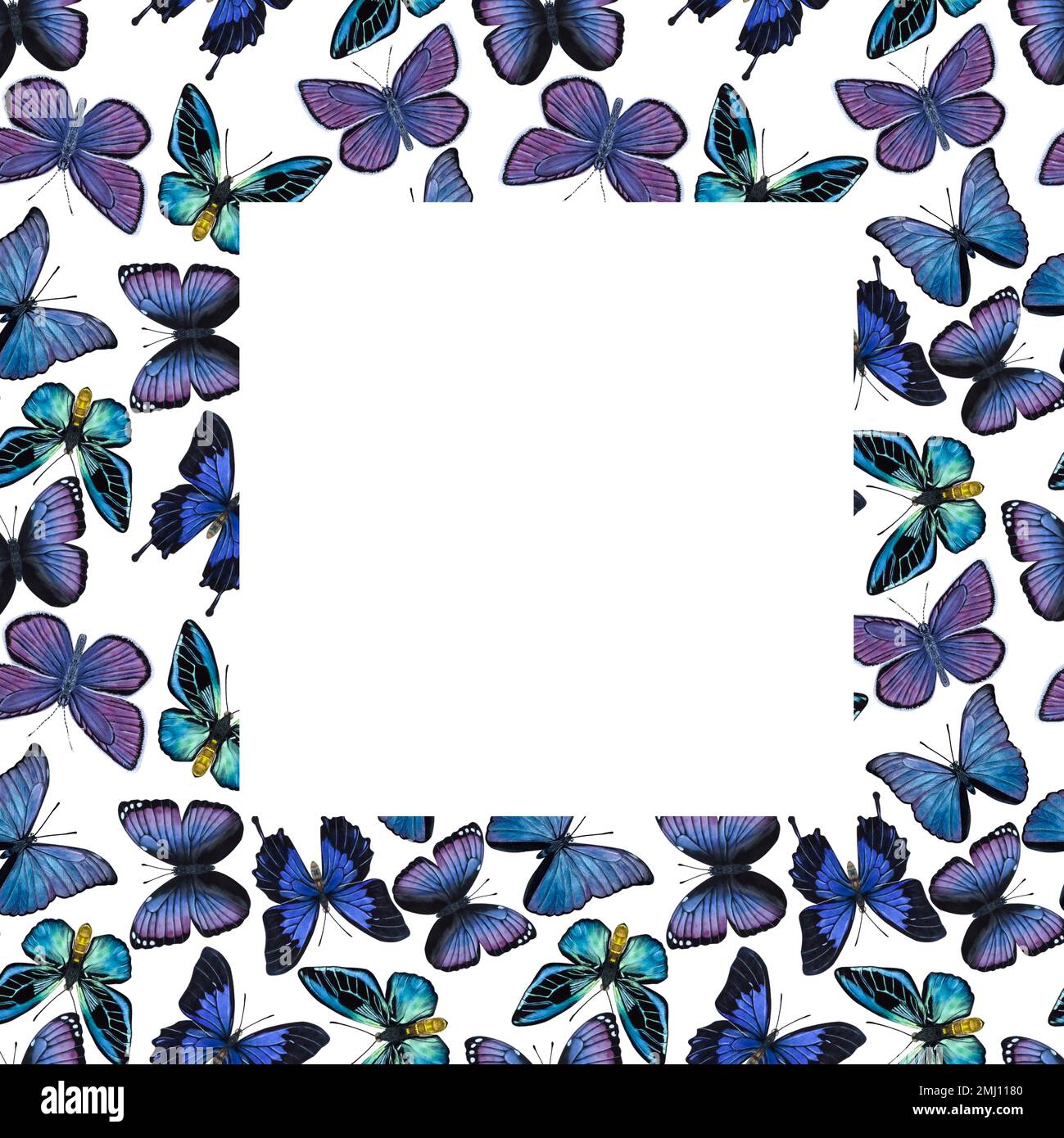 Frame blue violet butterflies. Hand-drawn watercolor illustration ...