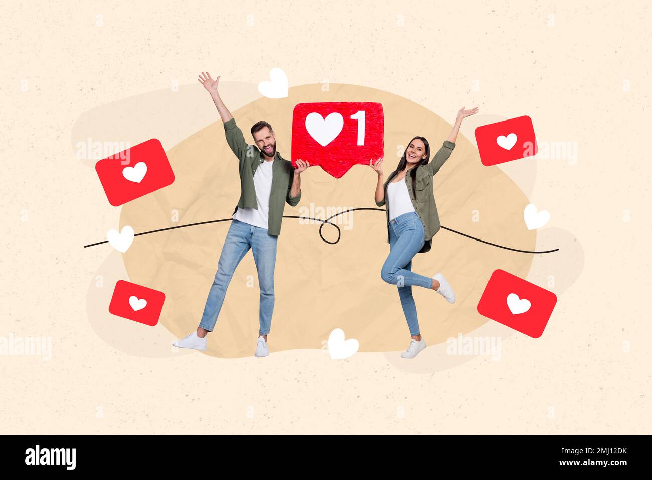 Creative collage picture of two excited cheerful people hold big like ...
