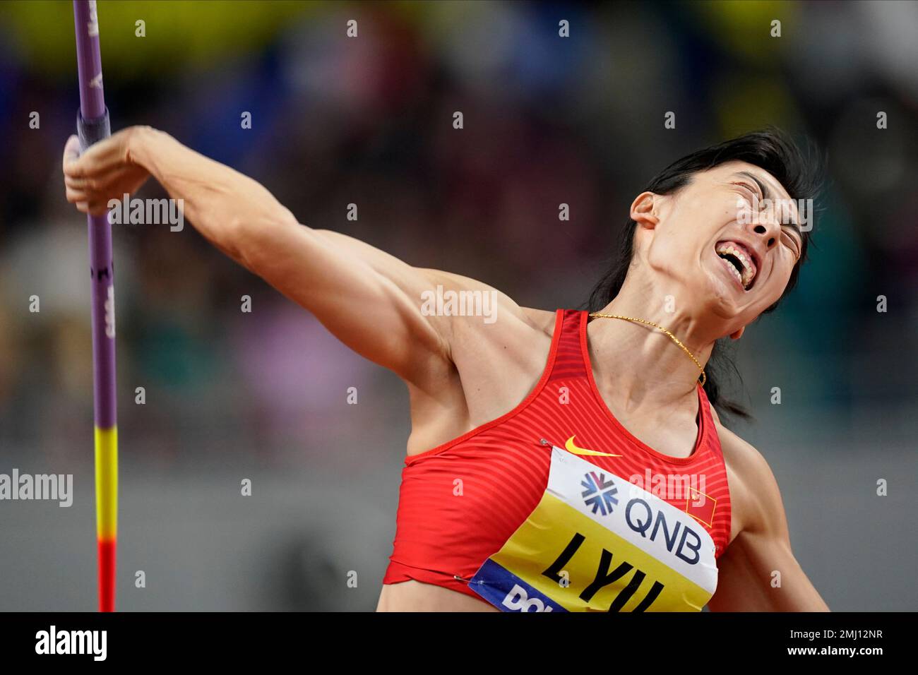 Huihui Lyu, of China, competes in the women's javelin throw final at ...
