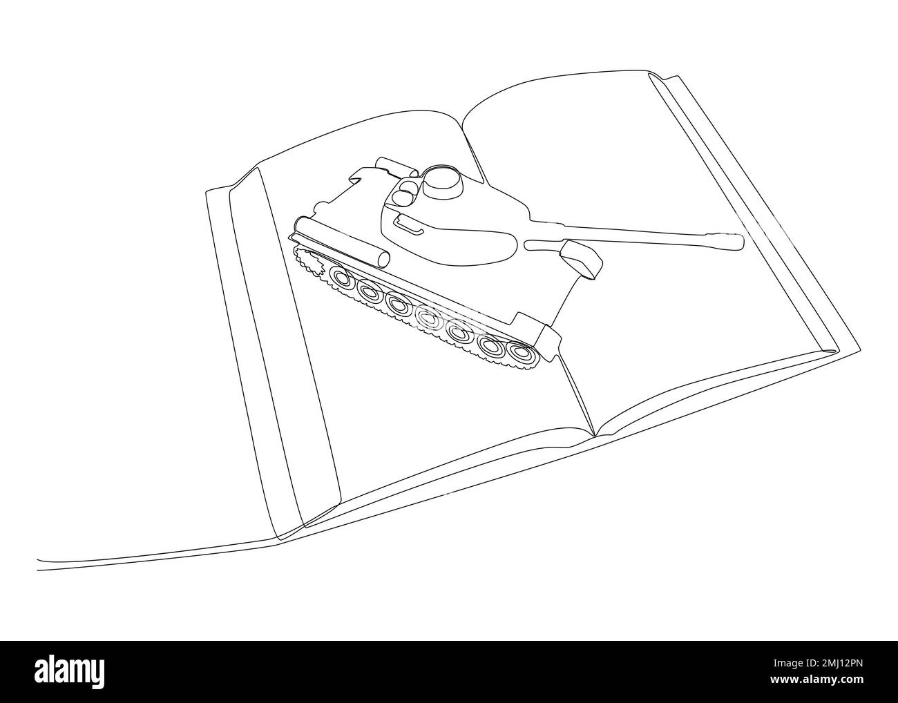 One continuous line of Opened Book and Armored Tank. Thin Line ...