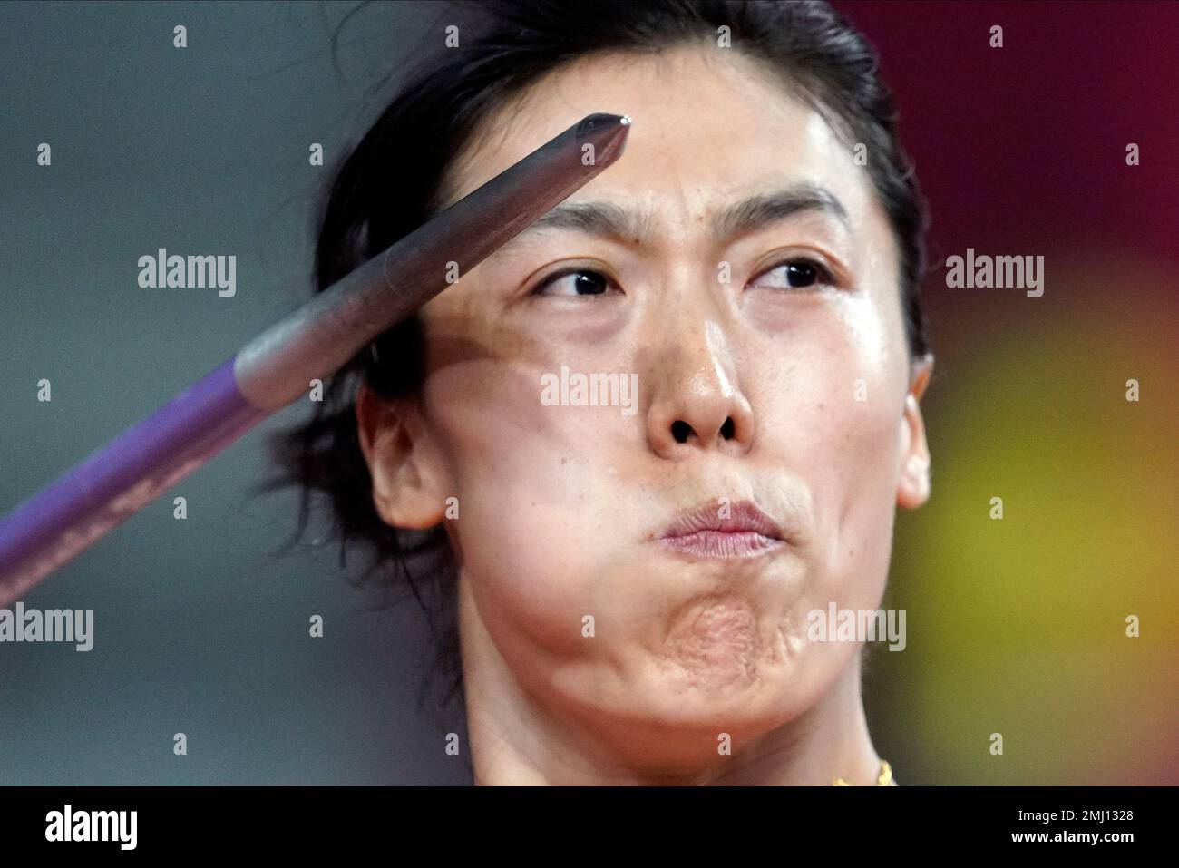 Huihui Lyu, of China, competes in the women's javelin throw final at ...