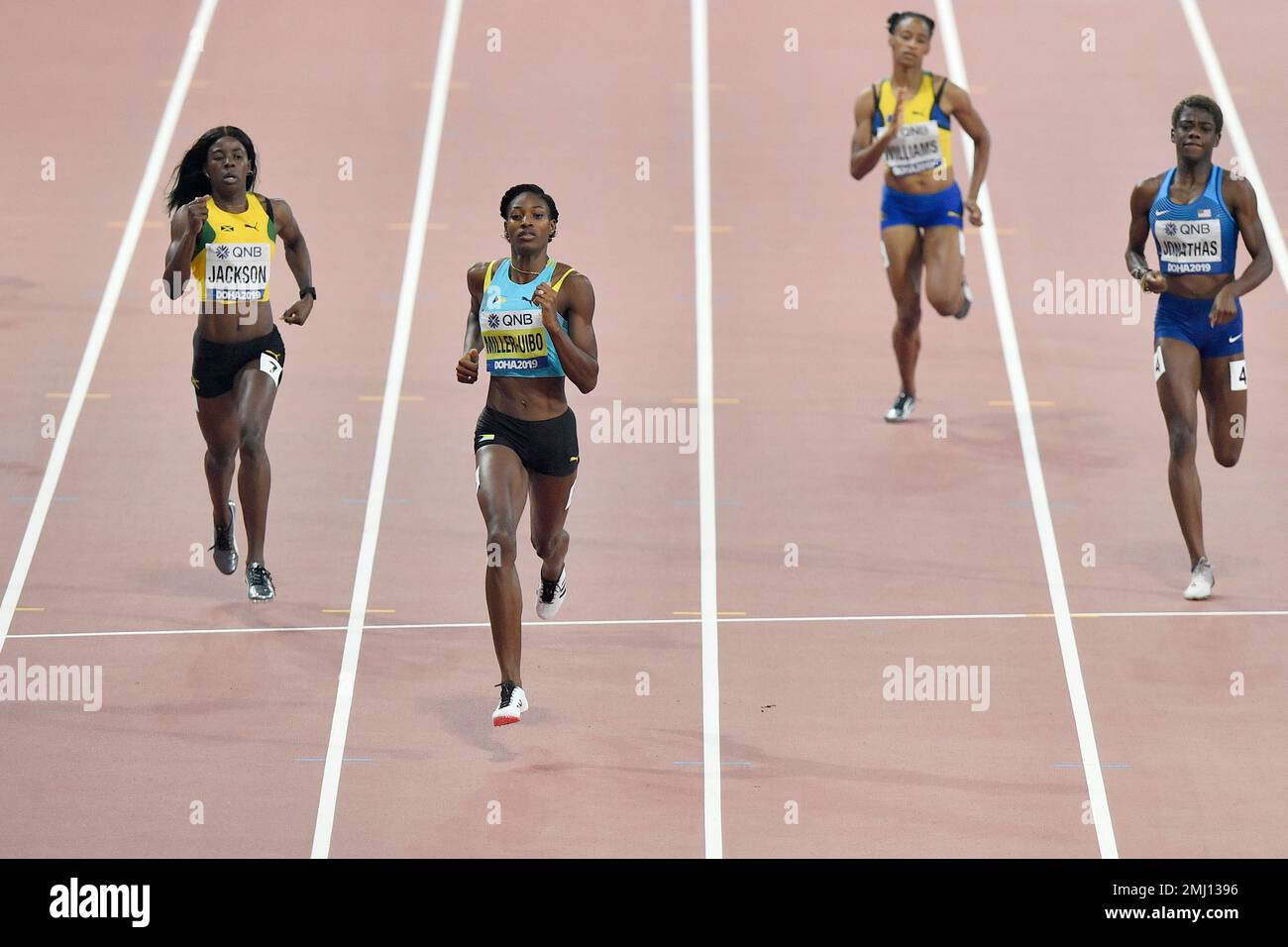 Shericka Jackson, of Jamaica, Shaunae Miller-Uibo, of Bahamas, Sada ...