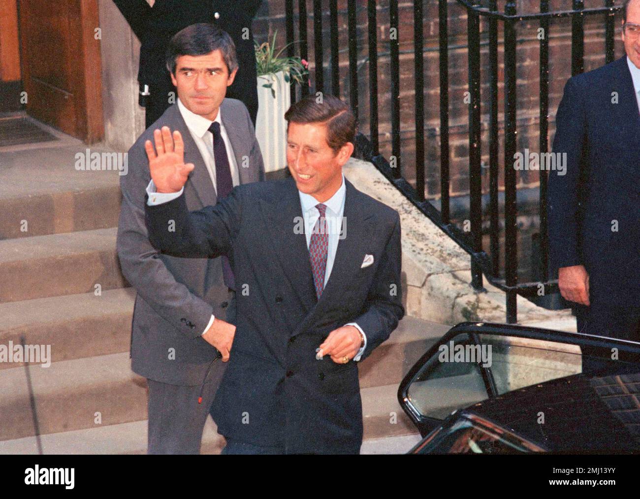 Prince Charles waves to well wishers in front of St Mary's Lindo Wing ...