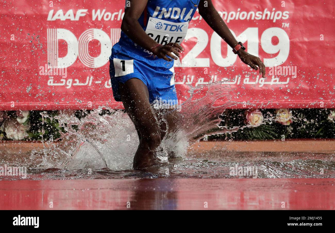 Avinash Sable, of India, competes in the men's 3000 meter steeplechase ...